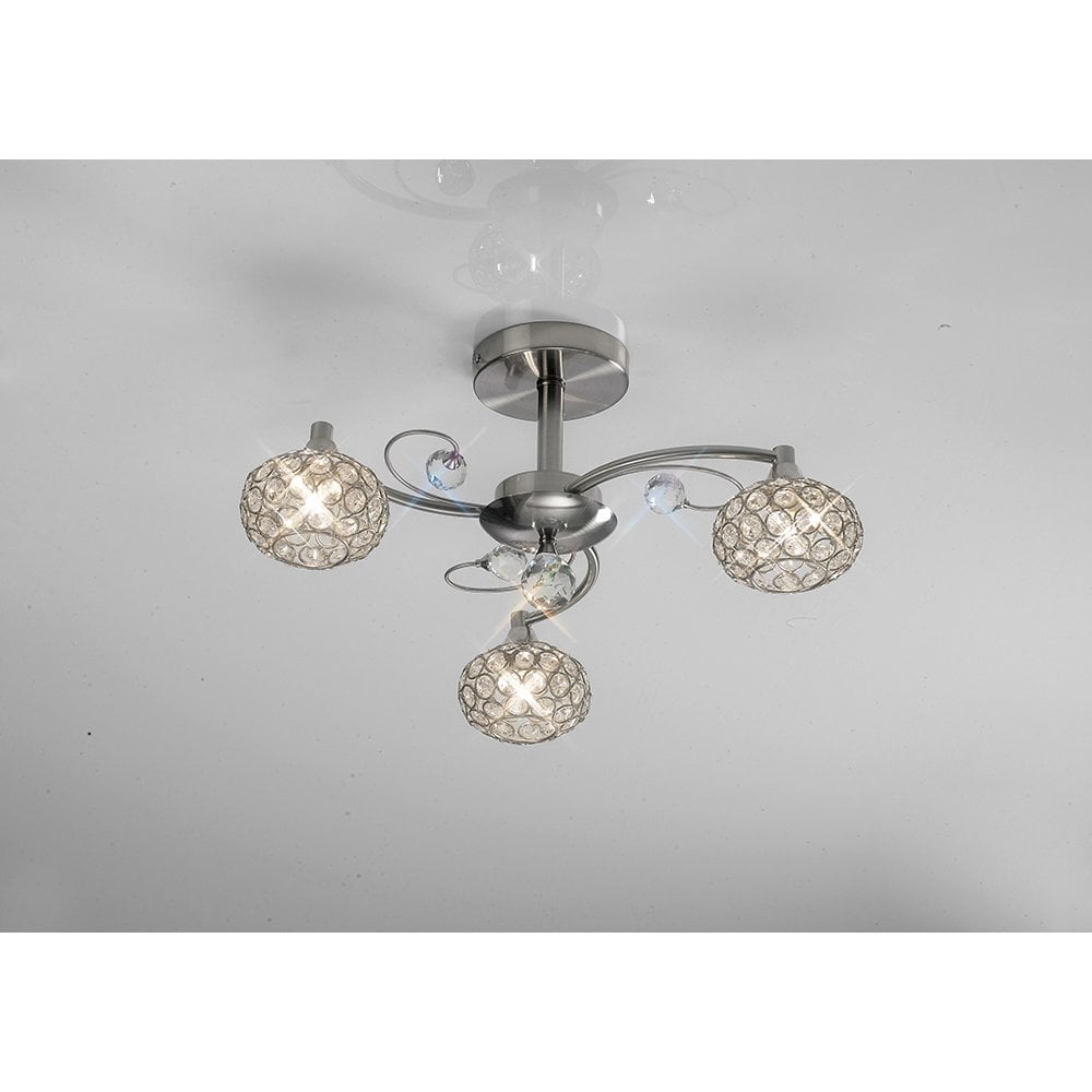 ideas4lighting Cara Semi Ceiling 3 Light Satin Nickel/Crystal by Diyas