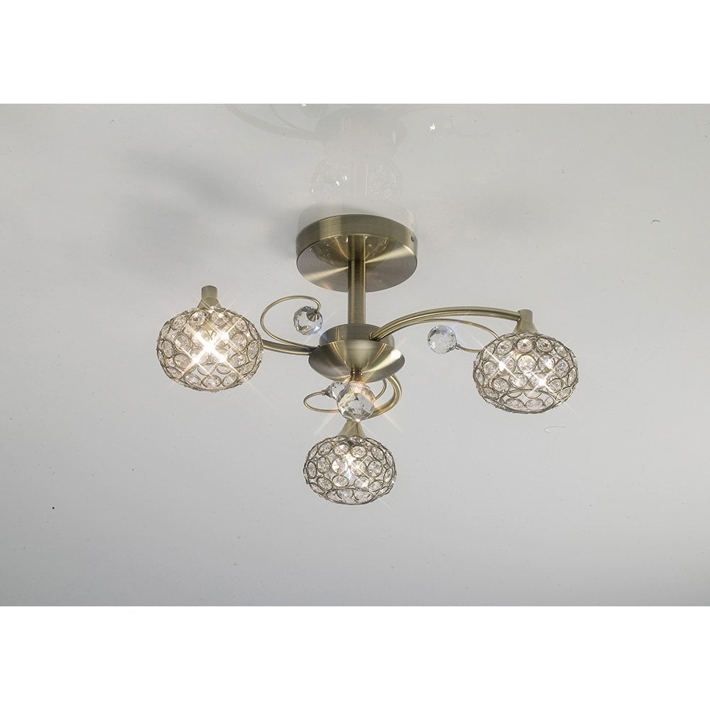 ideas4lighting Cara Semi Ceiling 3 Light Antique Brass/Crystal by Diyas