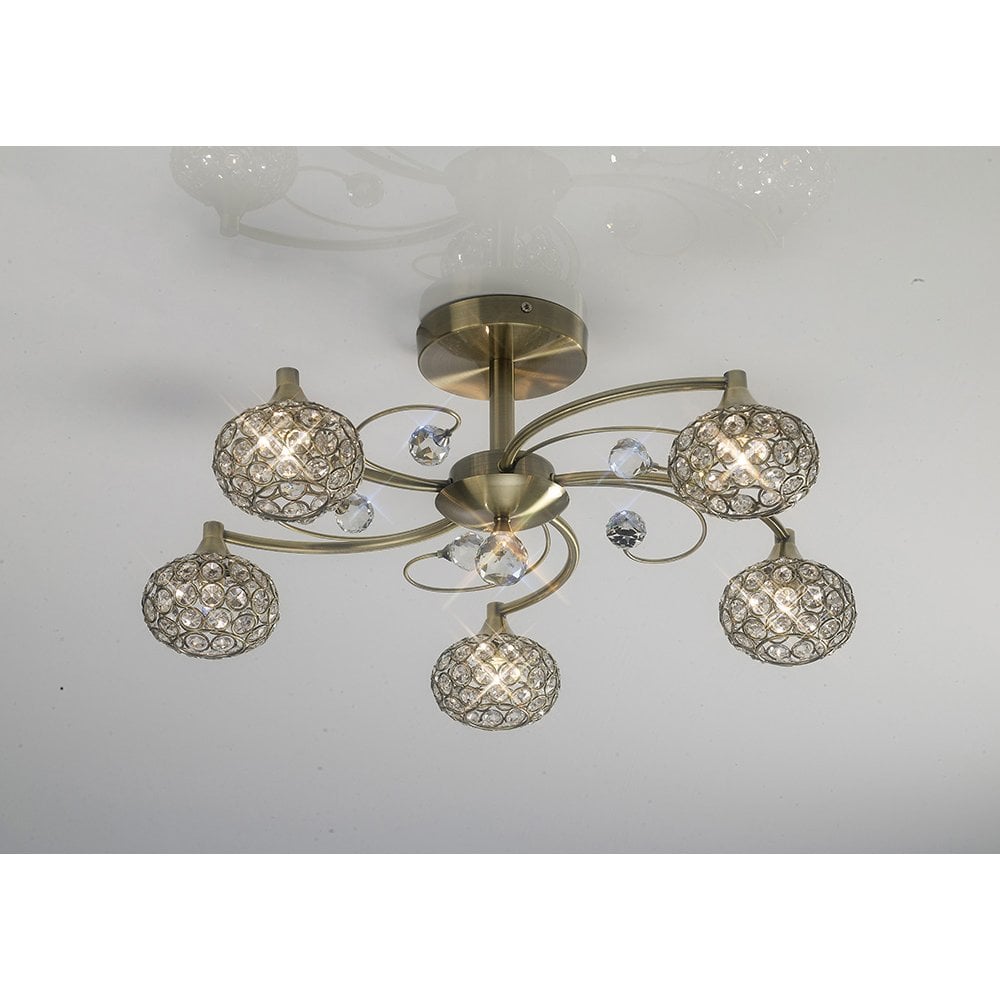 ideas4lighting Cara Semi Ceiling 5 Light Antique Brass/Crystal by Diyas